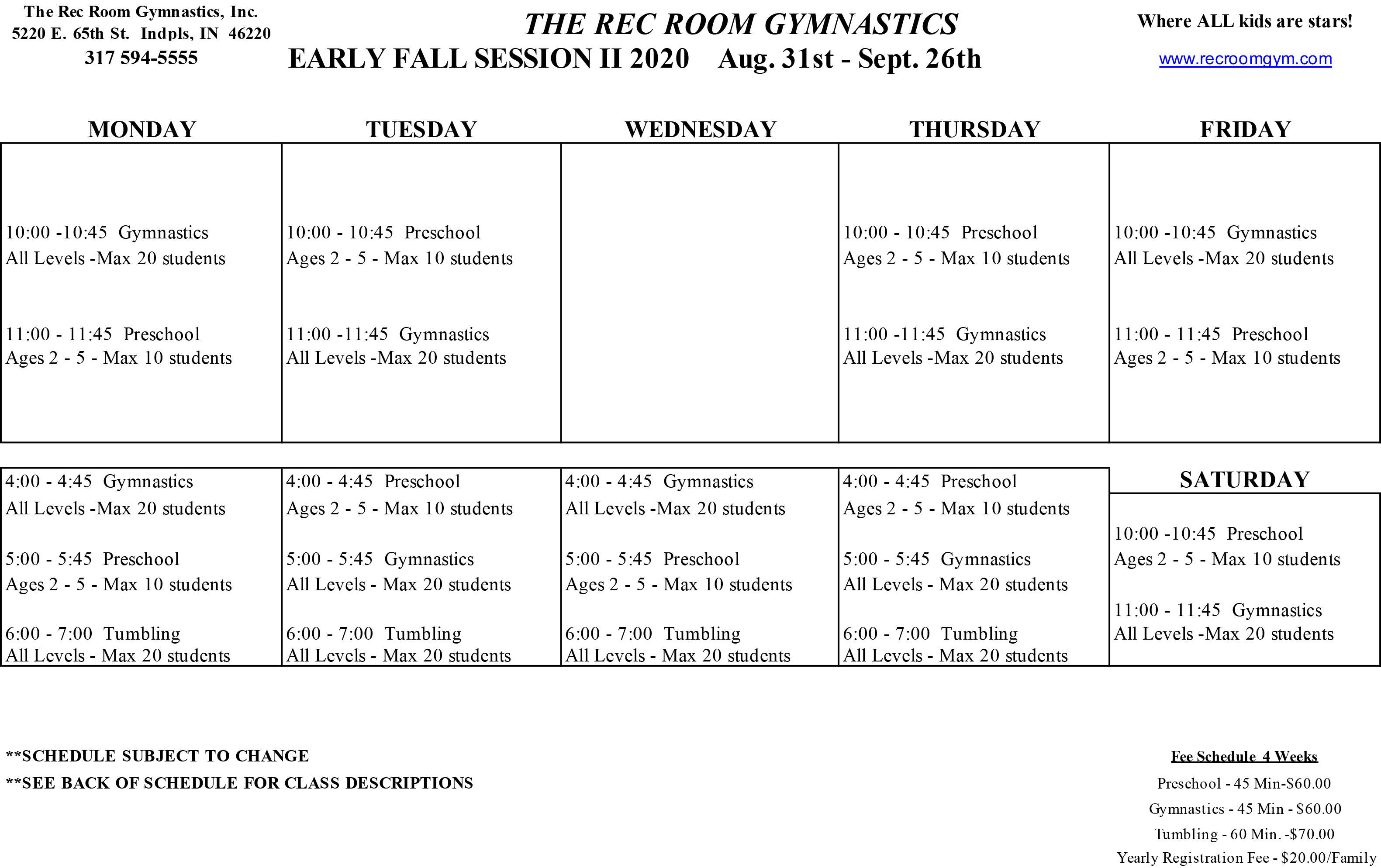 Schedule – The Rec Room